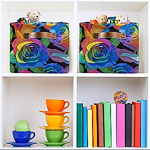 ALAZA Rainbow Rose Flower Leaves Large Storage Baskets with Handles Foldable Decorative 2 Pack Storage Bins Boxes for Organizing Living Room Shelves Office Closet Clothes