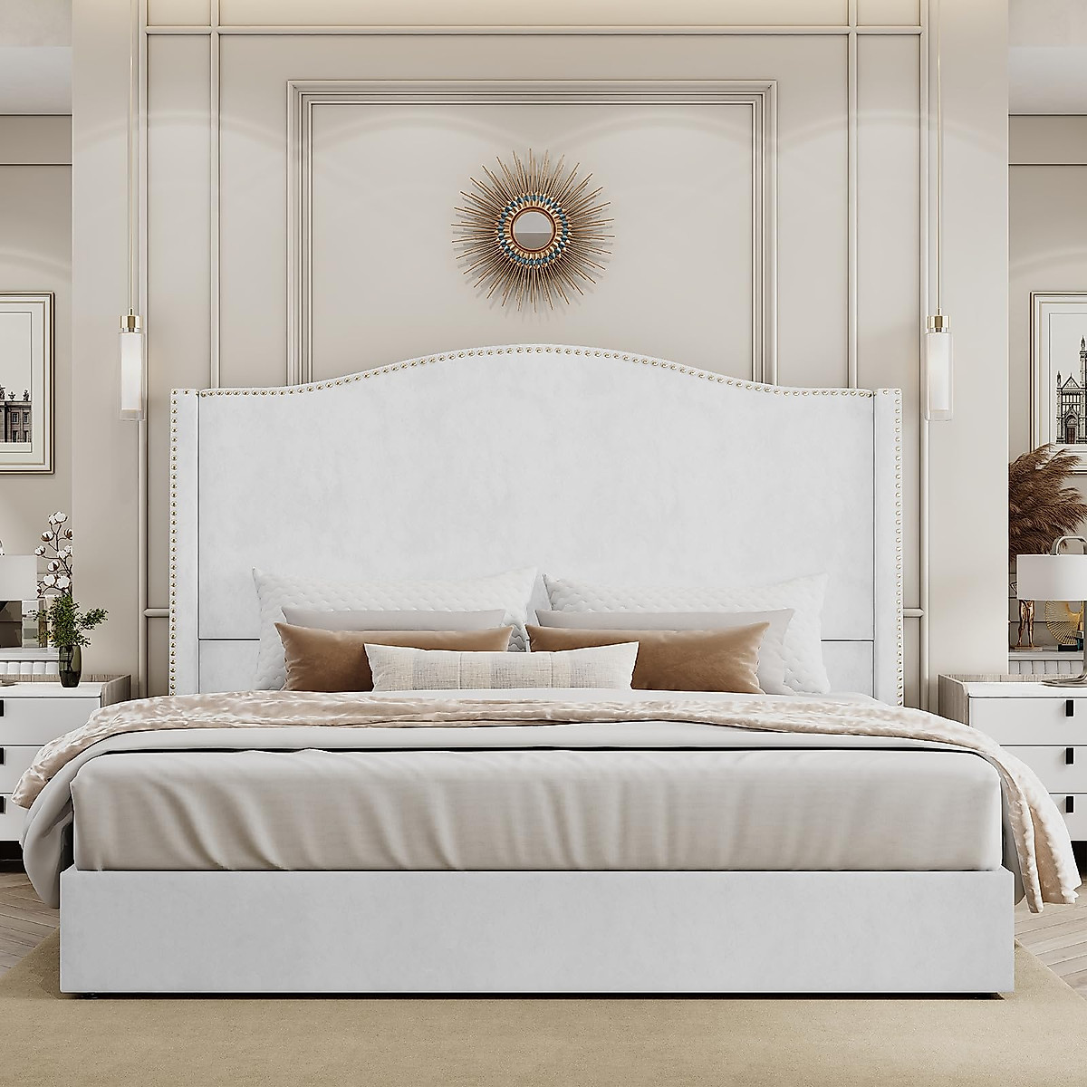 Jocisland Lift Up Storage Bed King Size, Upholstered Platform Bed Frame Tall Headboard with Wingback, Hydraulic Lifting Underneath/Wood Slats Support (White)