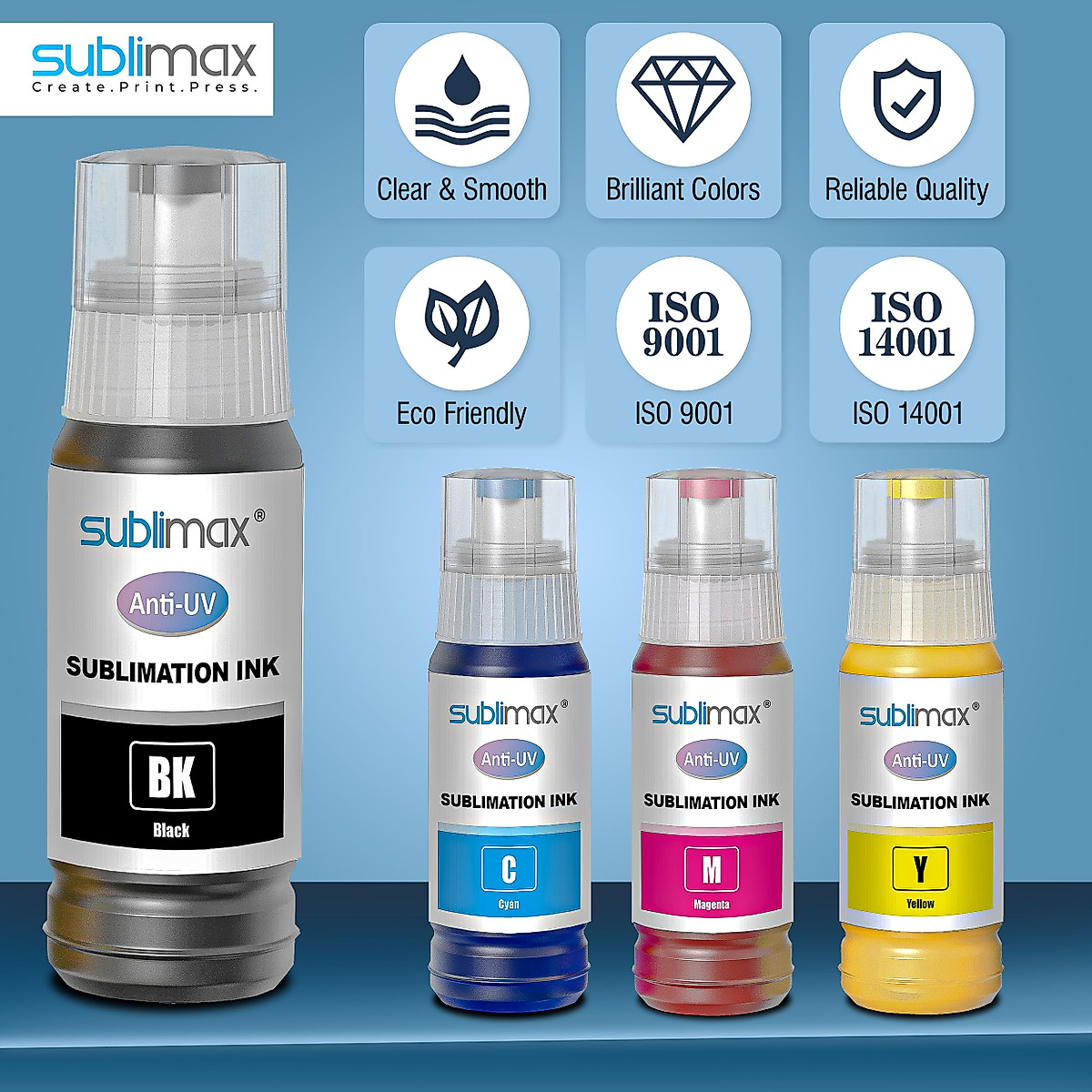 Sublimax Compatible with Epson Sublimation Inks Refill for EcoTank Supertank Printer (4x100ml) Bundle with 4 Tapes Cyan-Yellow-Magenta-Black