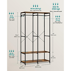SONGMICS Clothes Rack, Iron and Wood Wardrobe Closet Organizer, Heavy Duty Garment Rack with Hanging Rods, Closet Shelves, Removable Hooks, 15.7 x 37.2 x 70.9 Inches, Rustic Brown URGR004B01