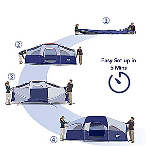 CAMPROS Tent-8-Person-Camping-Tents, Waterproof Windproof Family Tent, 5 Large Mesh Windows, Double Layer, Divided Curtain for Separated Room, Portable with Carry Bag - Blue