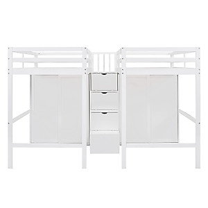 BIADNBZ Wooden Double Twin Size Loft Bed with Two Wardrobes and Staircase for Kids/Teens/Bedroom,White