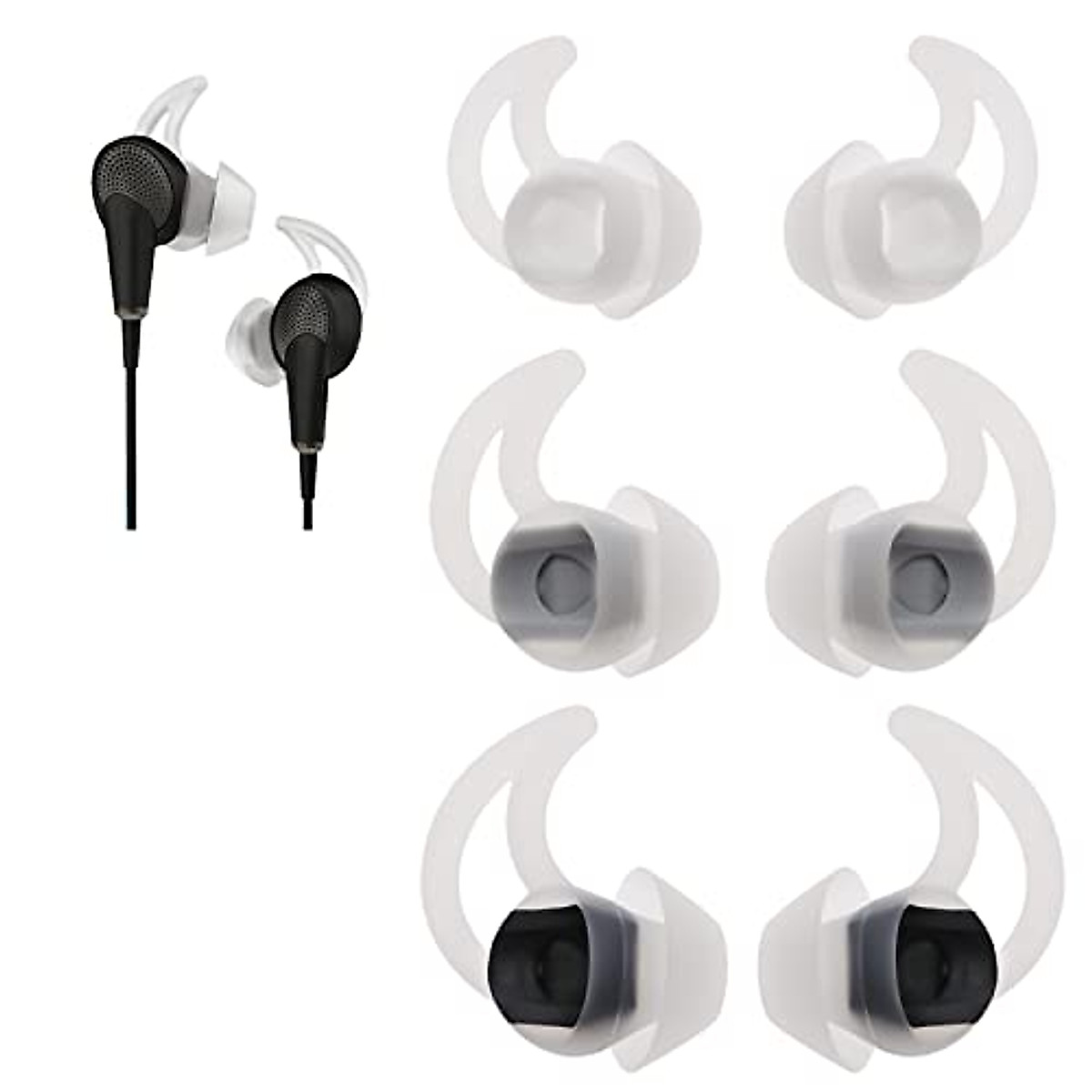 Micro Traders 3 Pairs Replacement Earbuds Ear Tips Silicone in Ear Earphones Noise Isolation Ear Tips Compatible with Bo-se QC20 QC20i SoundSport SIE2i IE2 IE3 Earphones White S M L