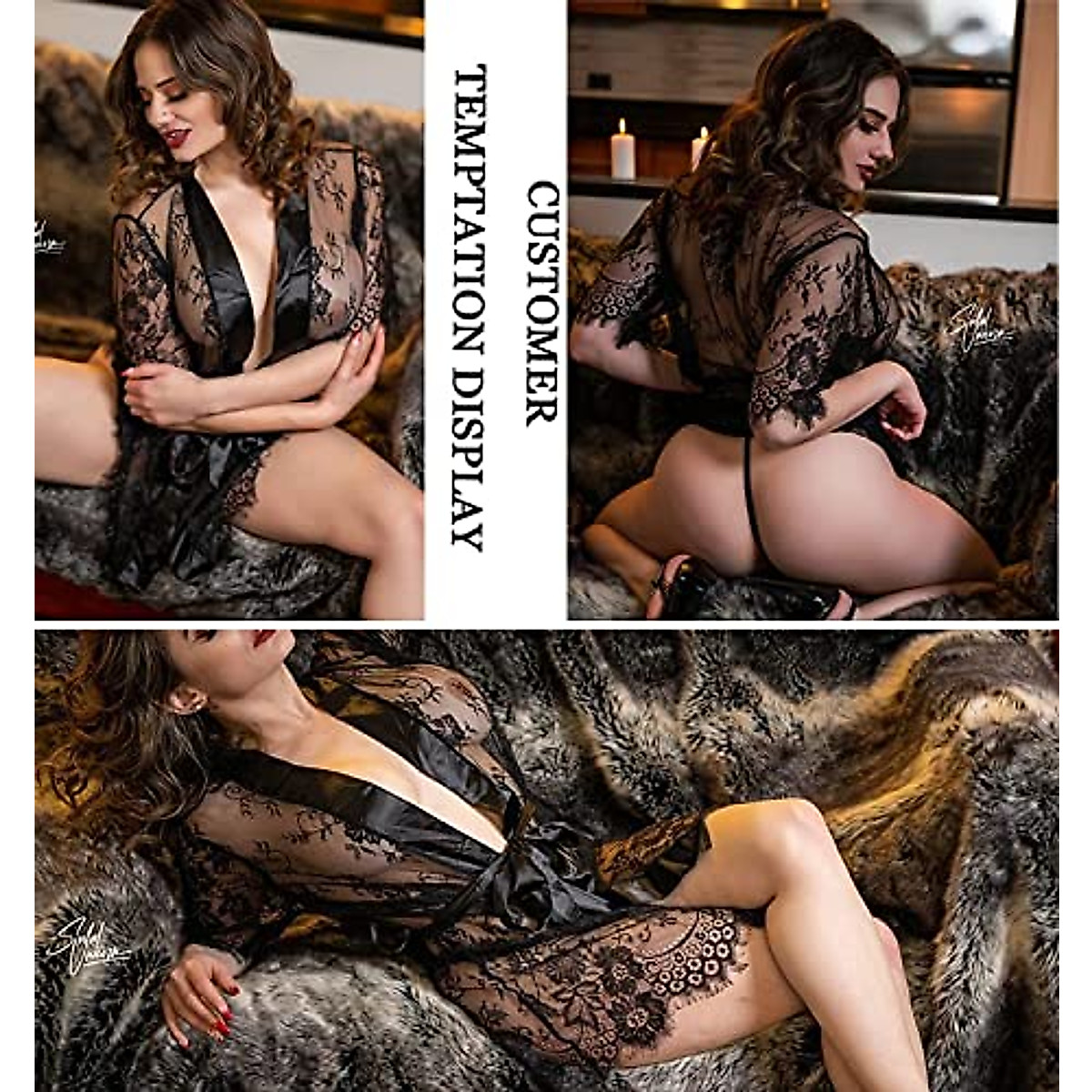 Avidlove sexy robe Women Kimono Robe Floral Lace Babydoll Lingerie Sheer Mesh Nightgown Black L