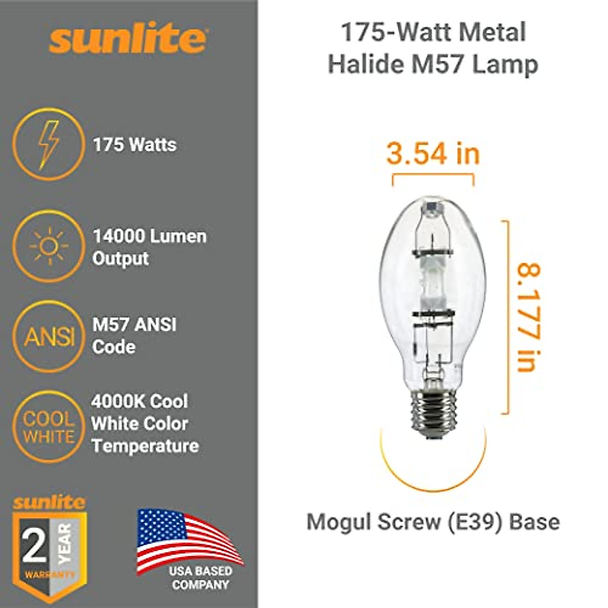 Sunlite MH400/U/MOG M59 Metal Halide Lamp, 400 Watts, Mogul Base (E39), ED37, 12,000 Hour Life Span, 36000 Lumen, Clear Finish, 4000K, 2 Pack