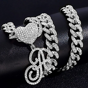 PTJDSMF Cursive Silver Initial Pendant Necklaces Alphabet Pendant Miami Cuban Link Chain Necklace for women Hip Hop Iced Out Letter Chain with Pendant Jewelry … (Cuban Link Chain K)