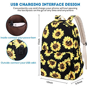 EZYCOK School Bookbag for College Girls Women, Water Resistant Laptop Backpack Casual Daypack with USB Charging Port, Sunflower