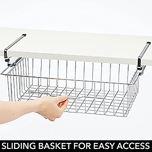mDesign Large Metal Wire Hanging Pullout Drawer Basket - Sliding Under Shelf Storage Organizer - Attaches to Shelving - Easy Install - Chrome