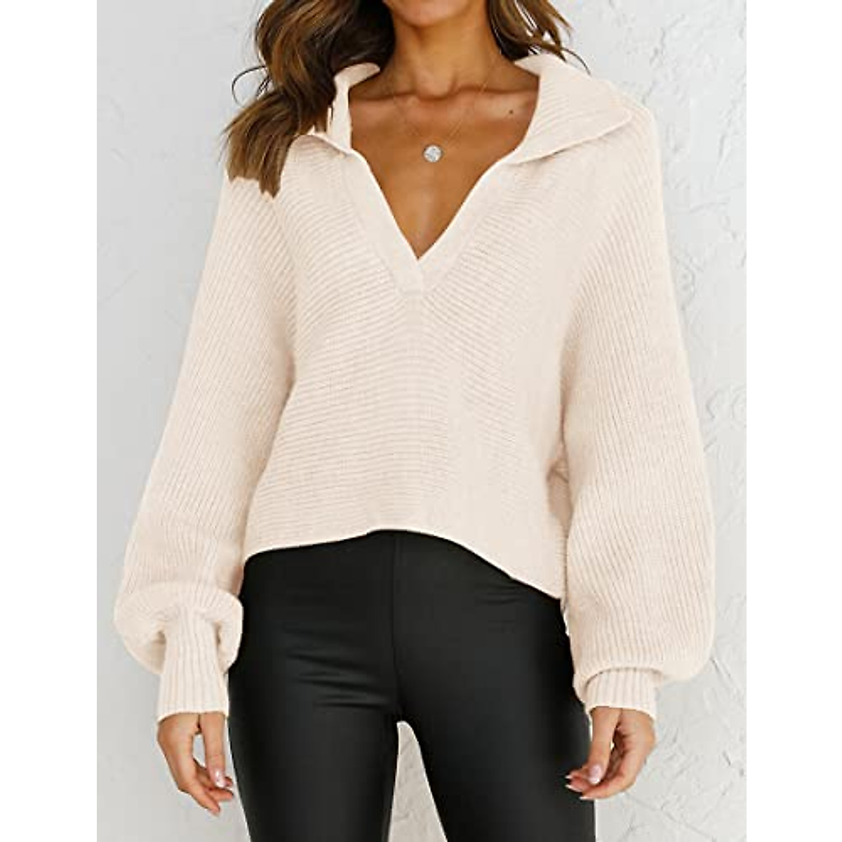 ZESICA Women's 2023 Fall Lapel Collar V Neck Long Sleeve Ribbed Knit Comfy Loose Casual Pullover Sweater Jumper Top,Beige,Medium