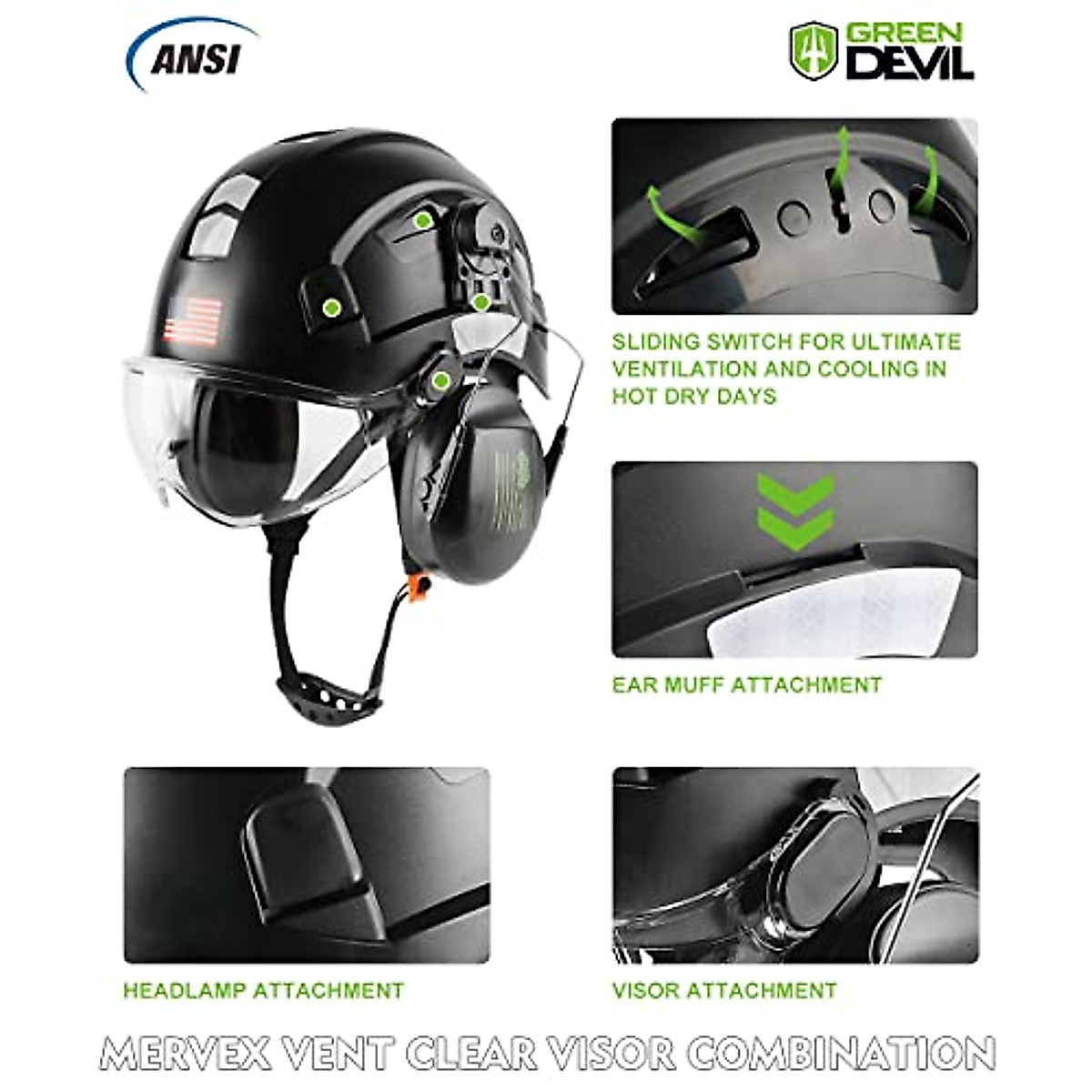 Safety Helmet Hard Hat with Visor and Ear Protection Adjustable Lightweight Vented ABS Work Helmet for Men and Women 6-Point Suspension ANSI Z89.1 Approved Ideal for Industrial & Construction