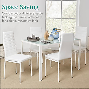 Best Choice Products 5-Piece Kitchen Dining Table Set for Dining Room, Kitchen, Dinette, Compact Space w/Glass Tabletop, 4 Faux Leather Metal Frame Chairs - White