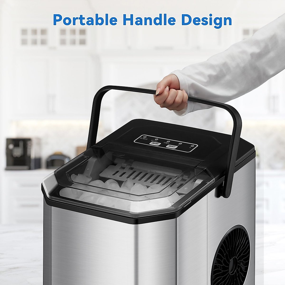 Countertop Ice Maker, 26 lbs in 24 Hours, 9 Bullet Ice Cubes Ready in 6 Mins, Portable Ice Machine with Handle, 2 Sizes Ice Cubes, with Ice Scoop and Basket for Home/Kitchen/Bar/RV