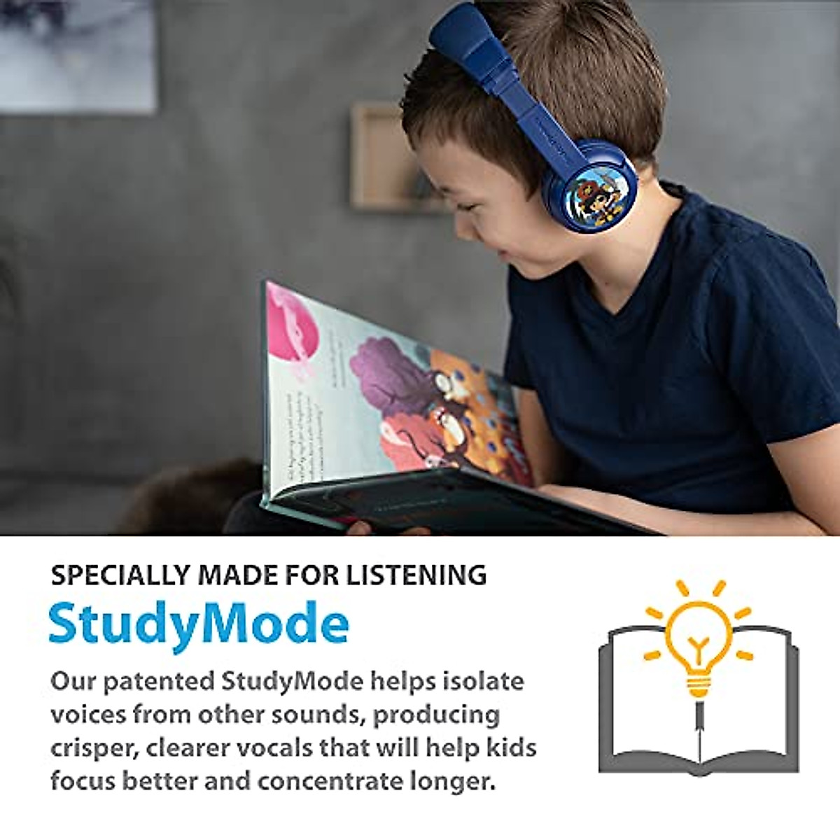 ONANOFF BuddyPhones Play+, Wireless Bluetooth Volume-Limiting Kids Headphones, 20-Hours Battery Life, 3 Volume Settings, Voice Enhancing StudyMode, Answer/Playback Button, BuddyLink Cable, Deep Blue