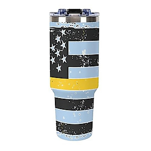 Vintage 911 Dispatcher Thin Gold Line Flag 40 Oz Tumbler Insulated Stainless Steel Water Bottle Travel Mug Car Cup with Handle And Straw