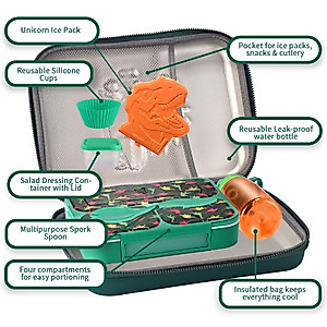 BDBKYWY 3D Dinosaur Lunch Box Kids Bento Box Insulated Lunch Bag with Ice Pack Water Bottle Spoon Salad Snack Container Silicon Cap Durable Water-Resistant Back to School Supplies for Boys Age 7-12