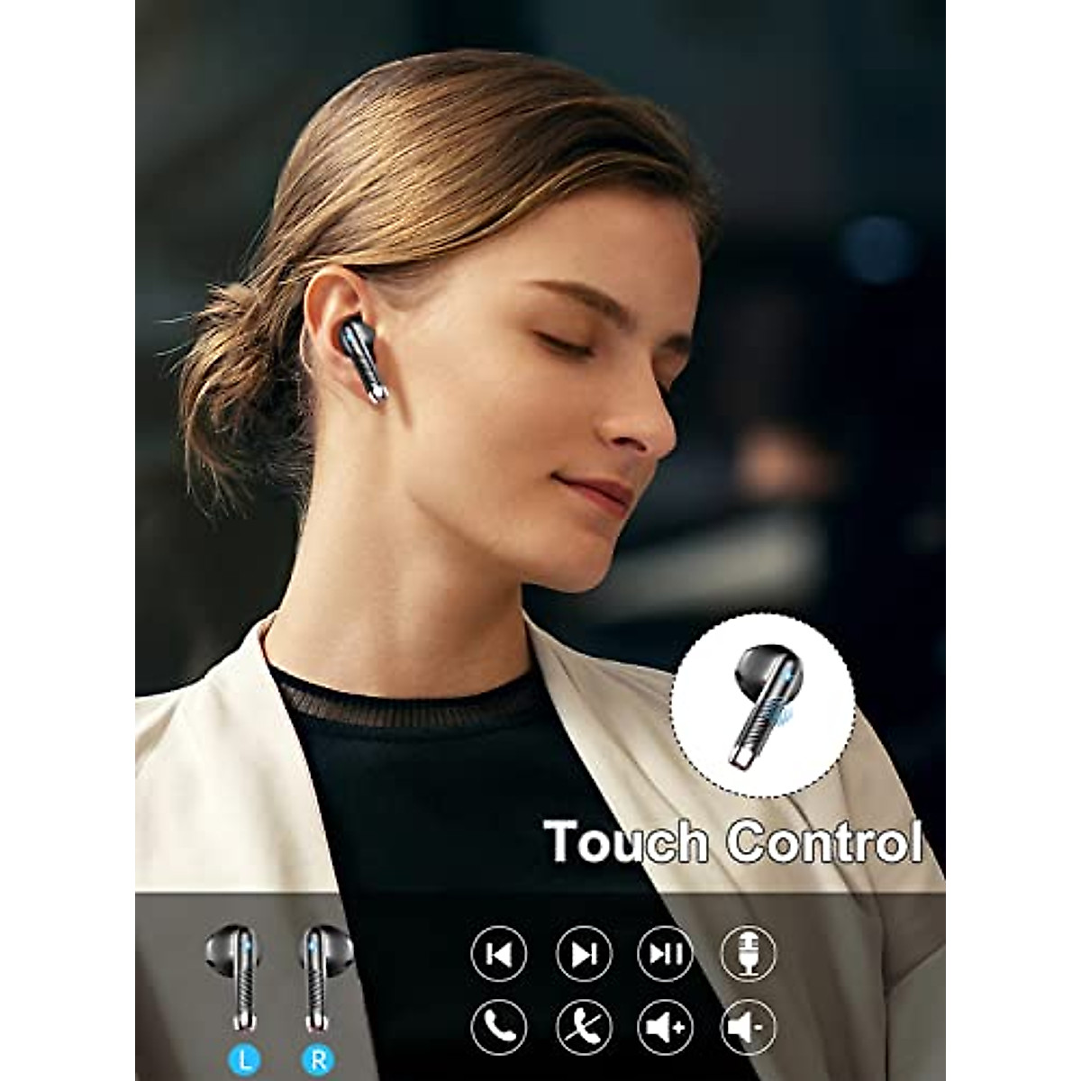 Wasart Wireless Earbud, Bluetooth 5.3 Headphones with 4 ENC Mics, 32H Bluetooth Earphones with Dual LED Display, Wireless Headphones in Ear IP7 Waterproof Bass, Ear Buds Noise Cancelling, USB-C, Black