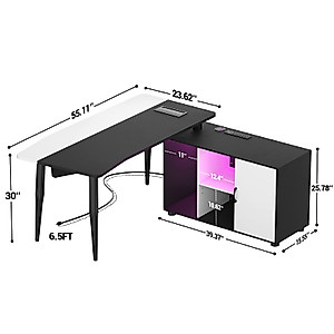 iSunirm L Shaped Desk with File Cabinet& Power Outlet, 55 Inch Large Corner Computer Desks with LED Light Strip, L-Shaped Computer Desk with Cabinet Door and Storage Shelves, Leather Black & White