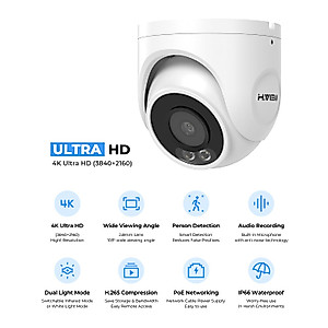 H.VIEW 8MP/4K Outdoor Dome Security POE IP Camera, Smart Dual Illumination, 100ft Night Vision, 2.8mm Lens Wide Angel, IP66, One-Way Audio, H.265+, Smart AI Detection, (Hikvision Compatible)