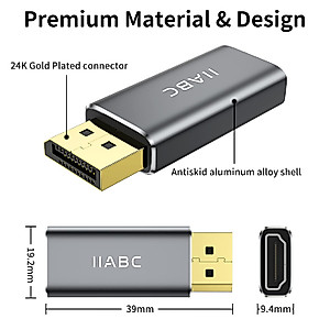 IIABC Displayport to HDMI Adapter (2Pack) 4K 24K Gold Plated Displayport DP to HDMI Female Converter，Uni-Directional Display Port to HDMI Converter Compatible for Lenovo, HP, Dell &More- Grey