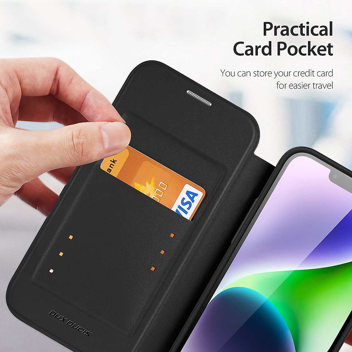 Algasan DUX DUCIS Strong Magnetic Wireless Charging Wallet Case for iPhone 14 Plus Compatible with Magsafe,360 ° Full Protection Flip Cover with Cards-Cash Slots Clear Back Cover Shell