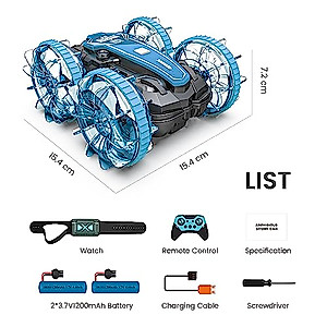 Tecnock Amphibious Remote Control Car Boat, 4WD Gesture RC Car with Waterproof Remote Control, All Terrain RC Stunt Car with LED Lights, Pool Toys for Kids Ages 8-12, Kids Toys Gifts for Boys Girls