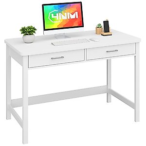 4NM 39.4" Small Desk with Wood Drawers, Home Office Computer Desk with Wooden Legs, Study Writing Table Vanity Desk for Small Spaces - White