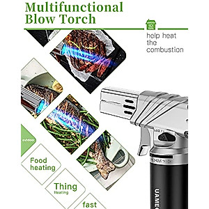 Uamector Butane Torch, Upgraded Refillable Kitchen Torch Lighter with Adjustable Dual Strong Flame & Safety Lock, Blow Food Torch for BBQ, Baking, Brulee, Creme, Silver-sets (Butane Gas Not Included)