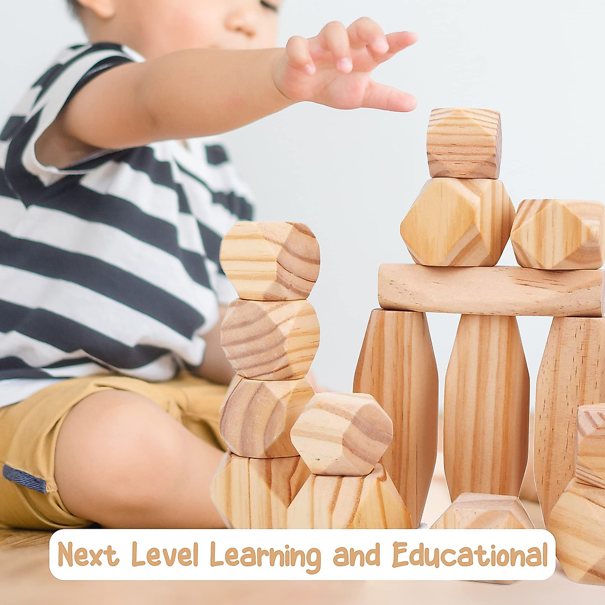 Pidoko Kids JUMBO Building Blocks for Toddlers 1-3 | Natural Wood 30 Pcs Large | Montessori Toys Wooden Block - Sensory Preschool Girls Boys Balancing Stones & Stacking Rocks - W/Storage Container