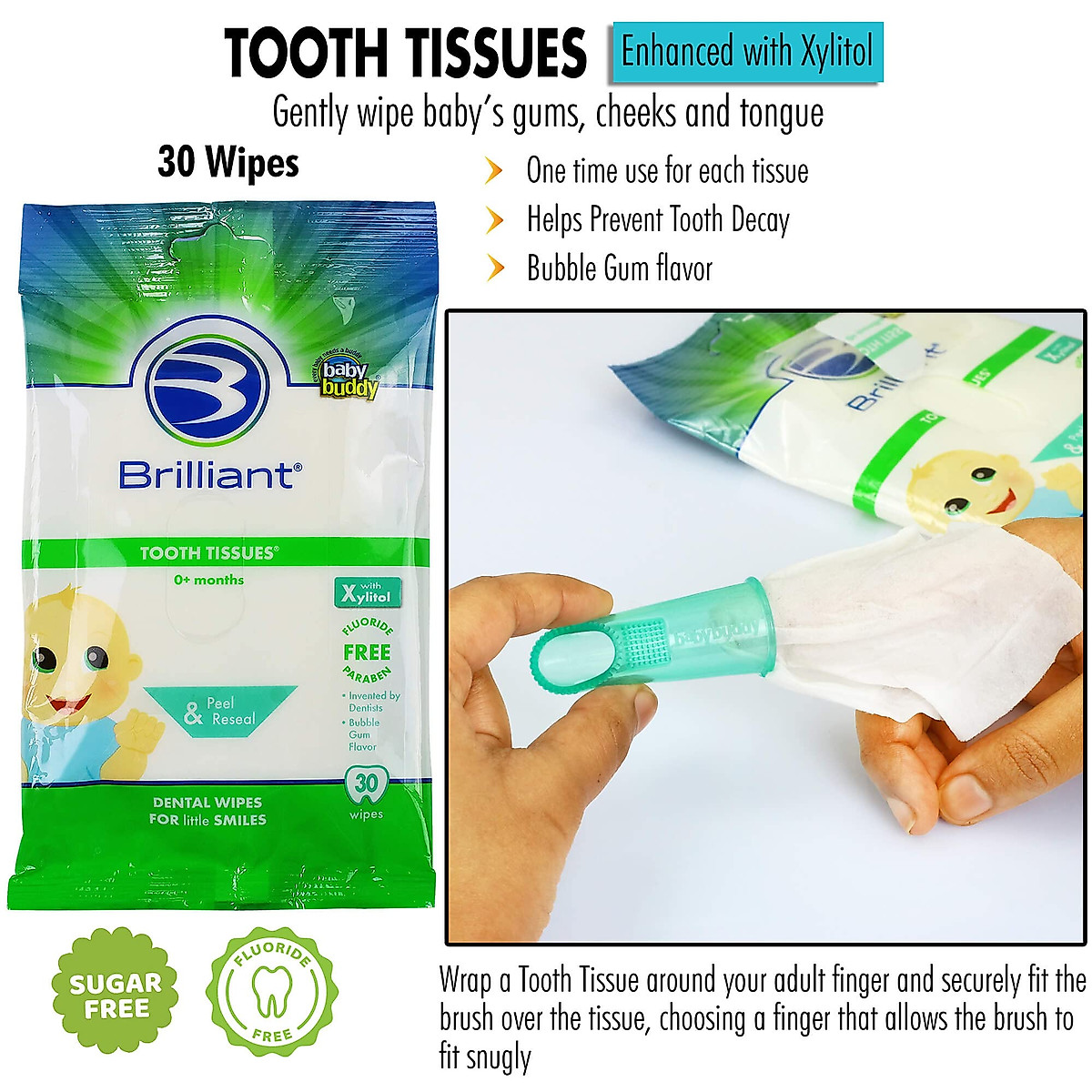 Brilliant Wipe N Brush -1 Silicone Toothbrush and 30 ct. Tooth Tissues - Xylitol Dental Wipe, Mouth Cleaner for Infants 4-16 Months Old, Infant Oral Cleaning Products, Baby Registry Must Haves, Clear