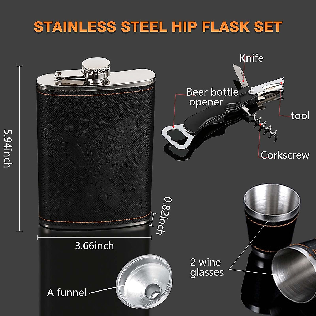 RNUIE Hip Flasks for Liquor Sets for Men,9 Oz Personalized Whiskey Stainless Steel Flagon,2 Cups+1Corkscrew+1 Mini Funnel for Husband Christmas Birthday Ornaments(eagle)