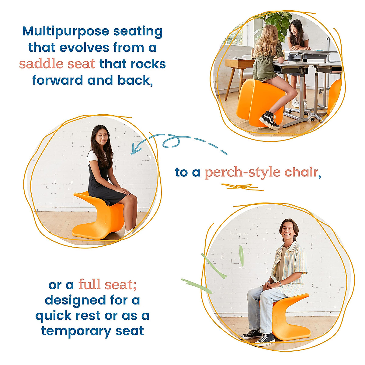 ECR4Kids Wave Seat, 18in - 19.6in Seat Height, Perch Stool, Orange, 2-Pack