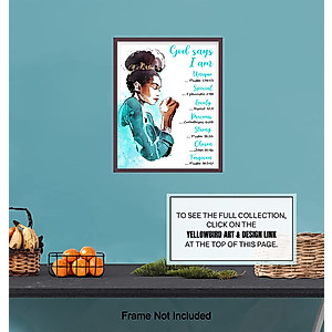 Bible Verse Wall Art & Decor - African American Women - God Says You Are - Inspirational Motivational Poster - Religious Christian Scripture Encouragement Gifts - Black Girls Bedroom - Blue - 8x10