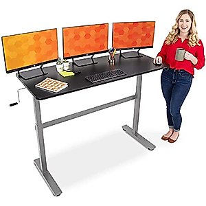 Stand Steady Tranzendesk 55 Inch Standing Desk | Easy Crank Height Adjustable Sit to Stand Workstation | Modern Ergonomic Desk Supports 3 Monitors | Great for Home & Office! (Black Top/Silver Frame)