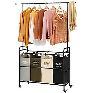 Tajsoon Laundry Sorter Cart with Hanging Clothes Rack, 4 Butler Sorter Basket Organizer, Laundry Hamper Cart with Heavy Duty Rolling Lockable Wheels, 4 Colors
