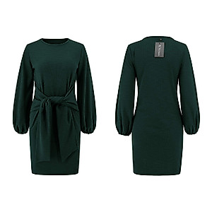 R.Vivimos Women's Autumn Winter Cotton Long Sleeves Elegant Knitted Bodycon Tie Waist Sweater Pencil Dress (Large, Dark Green)
