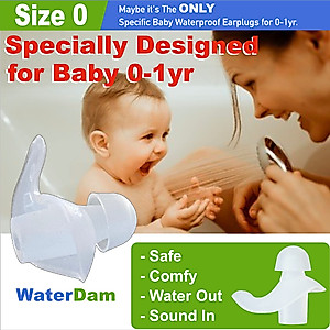 WaterDam Swimming Ear Plugs Great Waterproof Ultra Comfy Earplugs Prevent Swimmer's Ear (Size 0+0: Infants 0-12months (Clear Clear))