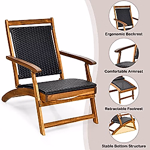 Tangkula Set of 2 Acacia Wood Folding Chaise Lounge Chair, Patiojoy Outdoor Foldable Deck Chair, Portable Wicker Lounger with Retractable Footrest, Ideal for Garden, Poolside, Courtyard