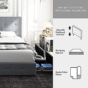 HOOMIC King Size Platform Bed Frame with 4 Storage Drawers, Adjustable Headboard with Square Stitched Button Tufted Design, Wooden Slats, No Box Spring Needed, Noise Free, Easy Assembly, Light Grey