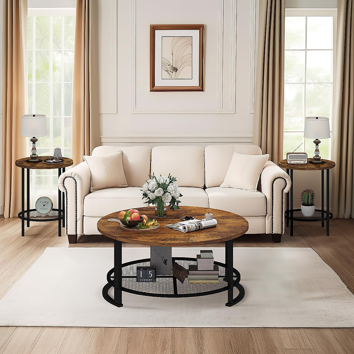 Recaceik Coffee Table Set, Coffee Table & Two End Side Table, Modern 3-Piece Living Room Table Set for Office, Living Room, Apartment, Small Space, Easy Assembly Furniture, Rustic Brown