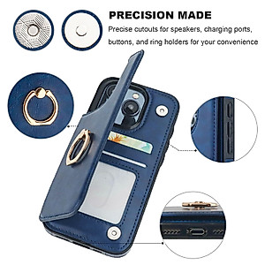 Onetop for iPhone 15 Pro Wallet Case with Card Holder, 360° Rotation Ring Kickstand RFID Blocking PU Leather Double Magnetic Clasp Shockproof Cover for Women and Girls 6.1 Inch (Blue)