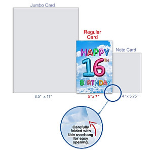NobleWorks - 16th Happy Birthday Notecard with Envelope - Fun Bday Card for Birthdays, Milestone Celebration for 16 Year Old - Inflated Messages 16 (Not Actual Balloons, 3D or Raised) C9392MBG
