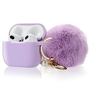 Protective Case Cover for Airpods 3 Charging Case, Soft Silicone Case Compatible with Air Pods 3rd Generation 2021 with Cute Ball Fluffy Pom Pom Keychain Kit (3rd, Lavender)