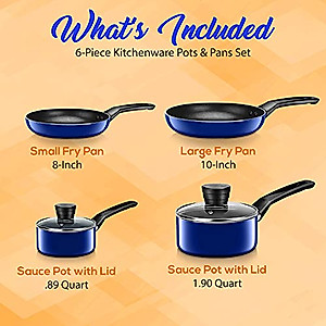 SereneLife Kitchenware Pots & Pans Basic Kitchen Cookware, Black Non-Stick Coating Inside, Heat Resistant Lacquer (6-Piece Set), One Size, Blue