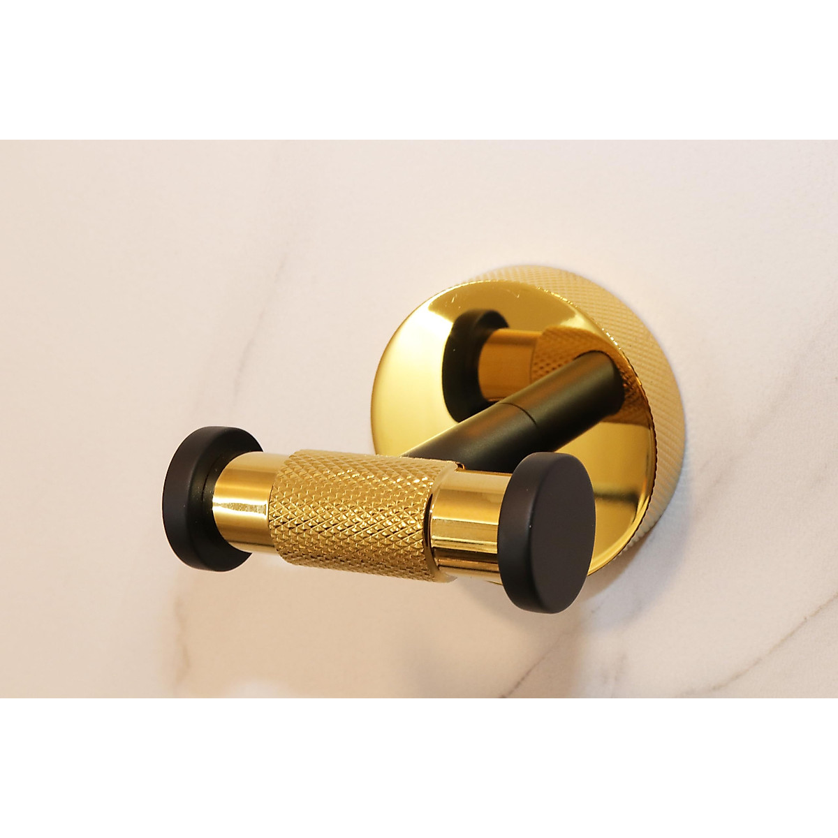 SENMY Designer Luxury Shiny Gold Knurled Matte Black PVD Finish, Solid Brass Construction, Double Towel Hook, Rustproof, Heavy Duty Door Hanger Robe Closet Corrosion-Proof Wall Mount Bathroom Kitchen