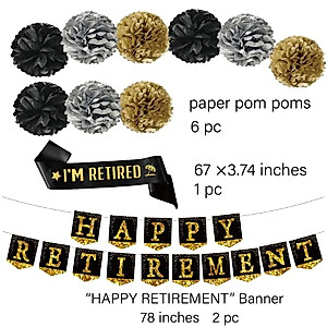 retirement party decorations banner gifts - (22pack) happy retirement gold banner, 6 paper Poms, 6 Hanging Swirl, 7 decorations stickers. retirement sash for men and women (GOLD BANNER)