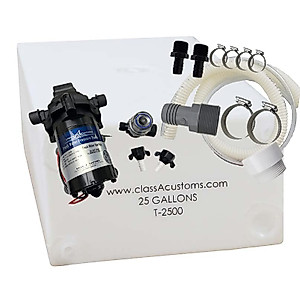Class A Customs | 25 Gallon RV Concession Fresh Water Tank with Plumbing Kit & 12 Volt Water Pump | T-2500-BPK-PUMP