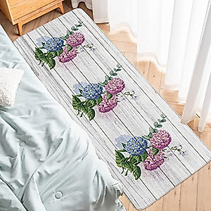 Welcome Doormat,Watercolor Hydrangea Flowers Wood Board Absorbent Non Slip Bath Rug,Spring Floral Art Washable Carpet for Kitchen Bathroom Front Door Entryway Decor 24x71In