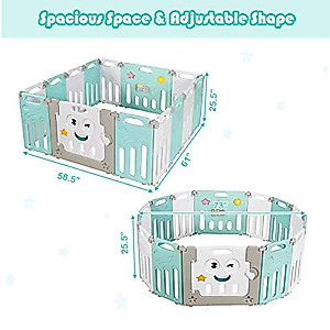Costzon Foldable Baby Playpen, 14-Panel Baby Play Yards with Lock Door & Anti-Slip Rubber Bases, Indoor Outdoor Safety Baby Fence with Adjustable Shape for Children Toddlers (14 Panel, Green + White)