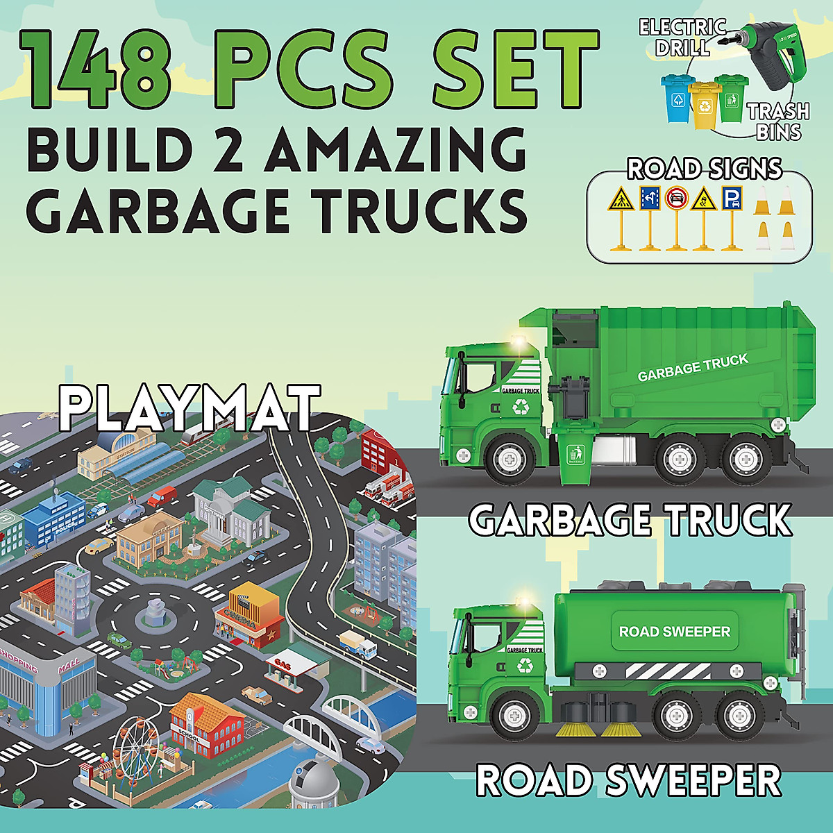 Garbage Truck Toys - 2-in-1 148 Pcs STEM Garbage Truck & Street Sweeper Take Apart Toy w/Drill, Push & Go, Lights & Sounds for Kids – Construction Vehicle Playset for Boys Ages 5 6 7+ Years Old