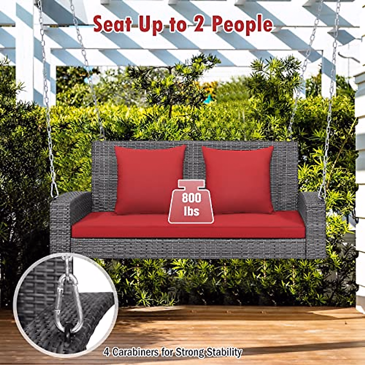 Tangkula 2 Person Wicker Hanging Porch Swing, Patiojoy Outdoor Rattan Swing with Soft Cushions and 2 Rustproof Steel Chains, 800 LBS Patio Swing Bench for Balcony, Garden and Yard (Red)